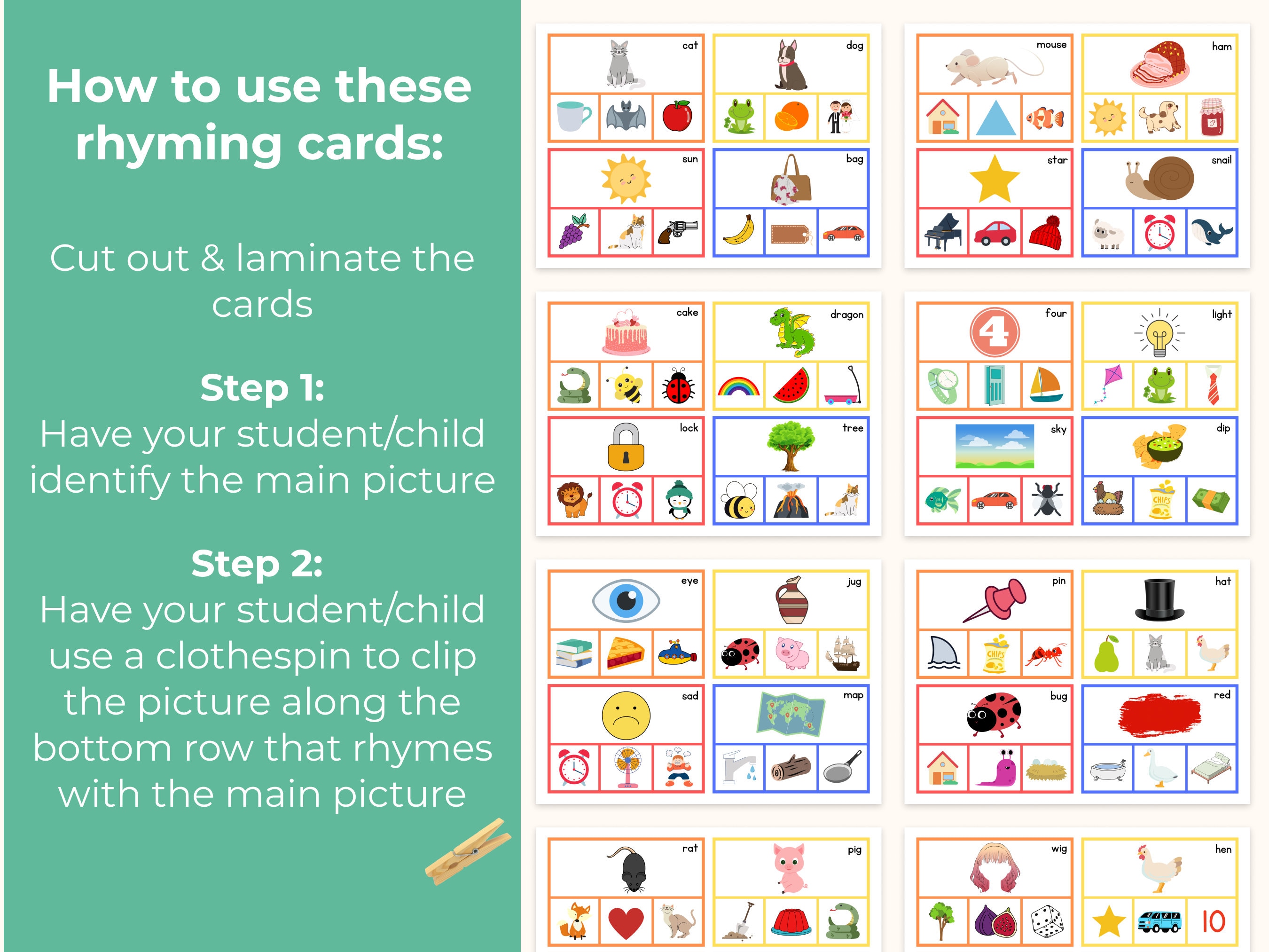 Rhyming Words Clip Cards – Pre-k to Kindergarten (digital Download) - Etsy