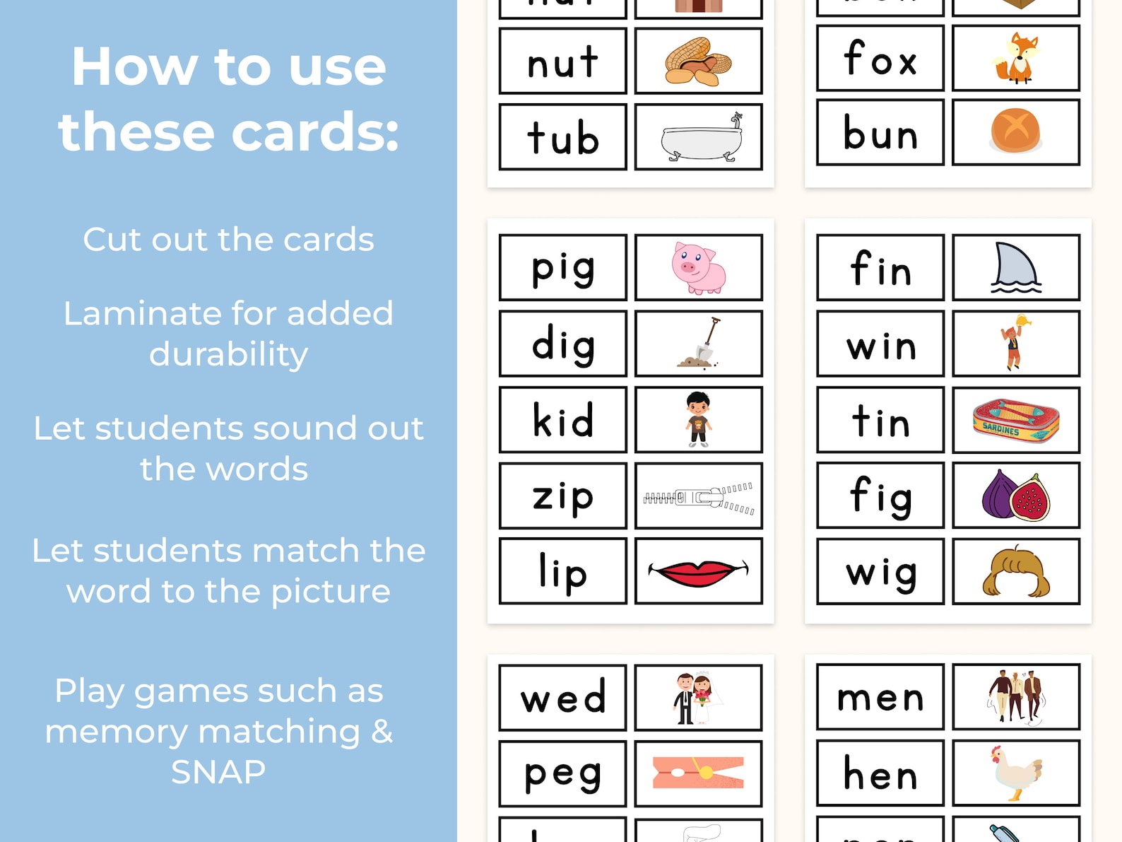CVC Words Picture Cards Word Families Matching Flashcards CVC Games ...