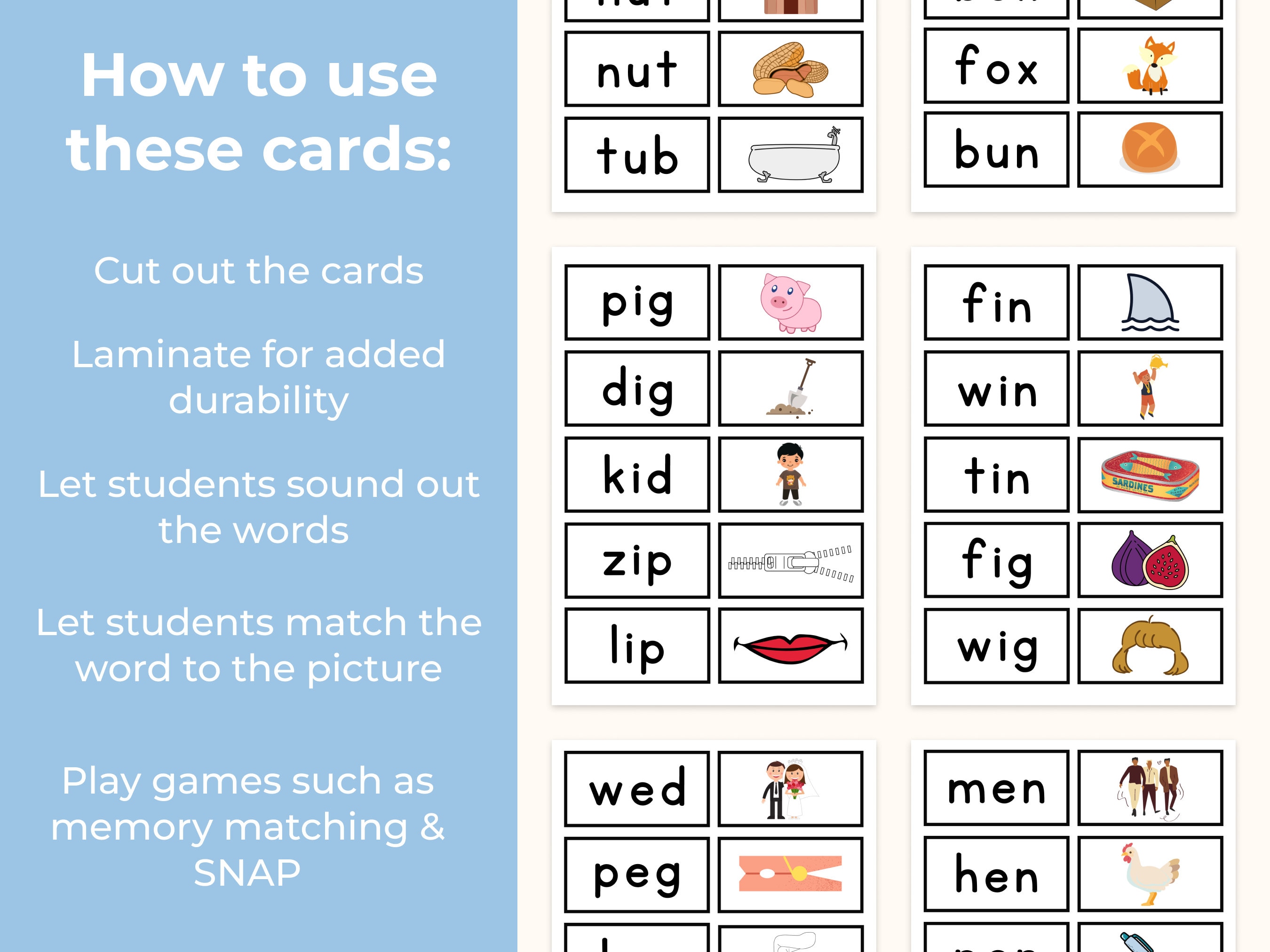 CVC Words Picture Cards Word Families Matching Flashcards CVC Games ...