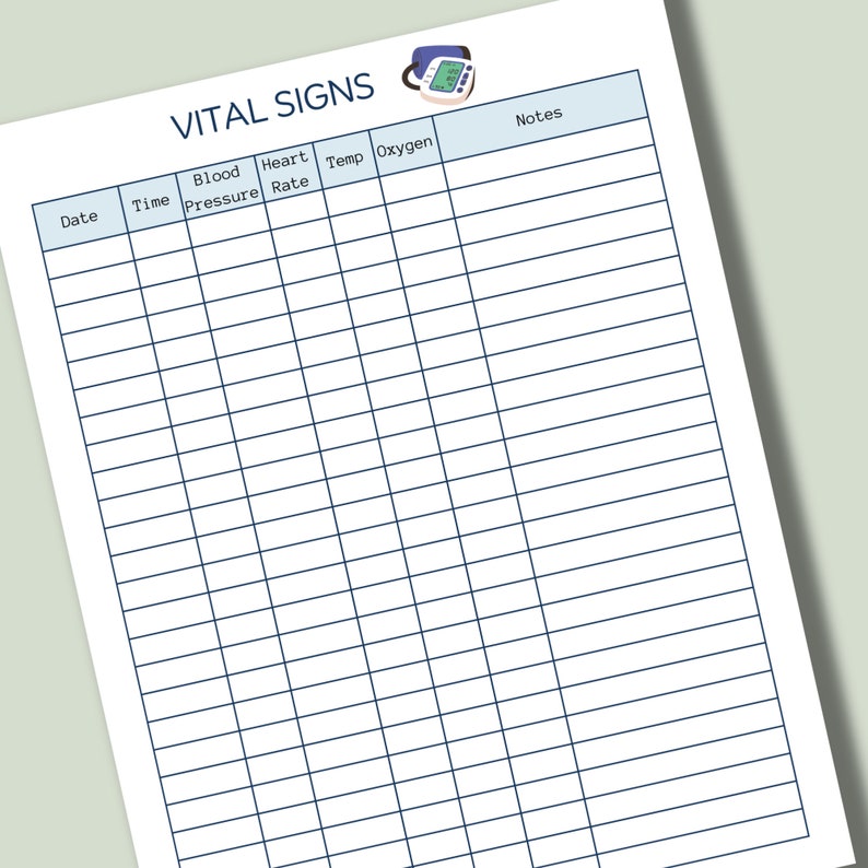 Printable Vital Sign Log | Vital Sign Tracker | BP Tracker | Heart Rate ...