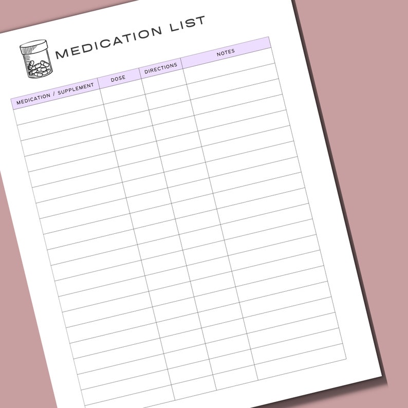 Printable Medication List | Medication Tracker | Letter PDF | Instant ...