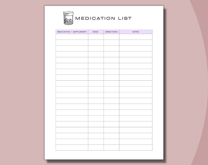 Medication PDF Printable - Etsy