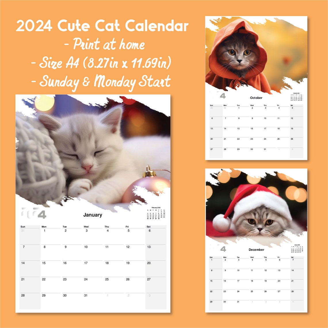 2024 Cats Calendar Printable | A4 Monthly Calendar 2024 With Boxes for ...