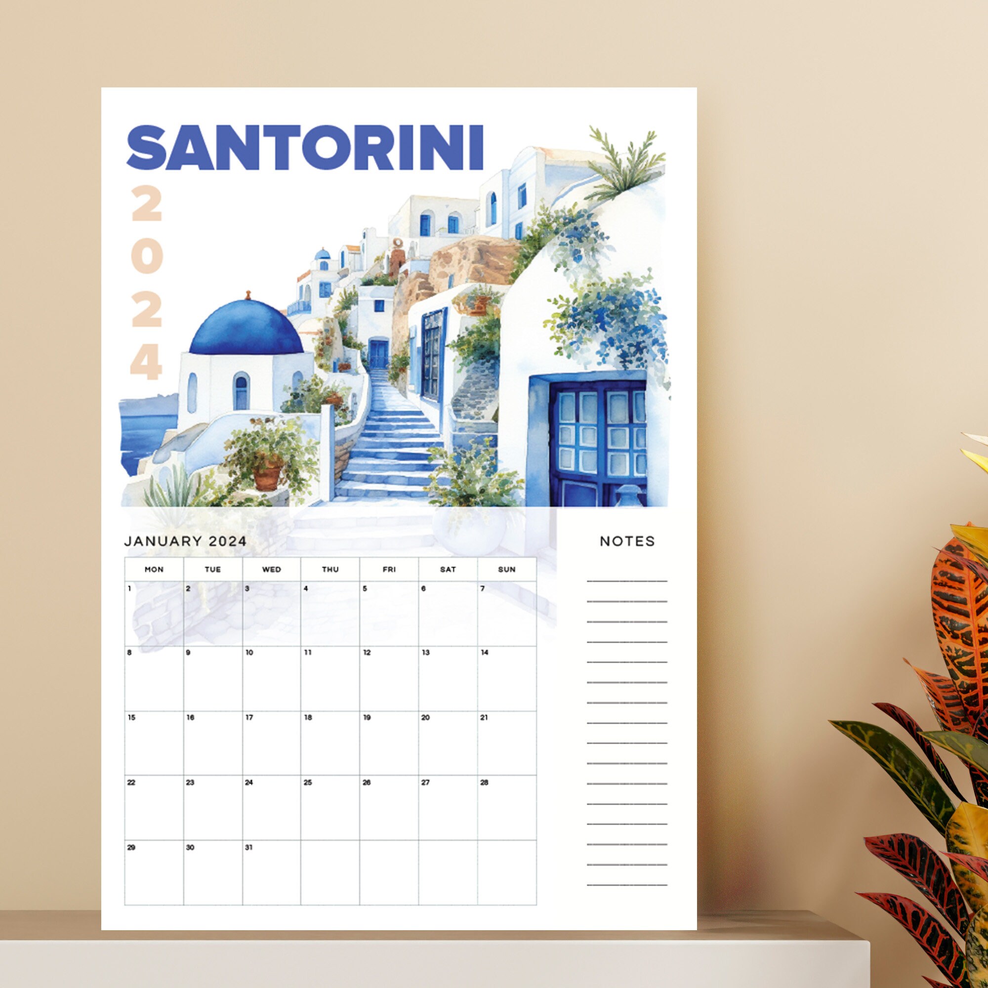 Santorini 2024 Printable Monthly Calendar - A4 Monthly Calendar 2024 ...