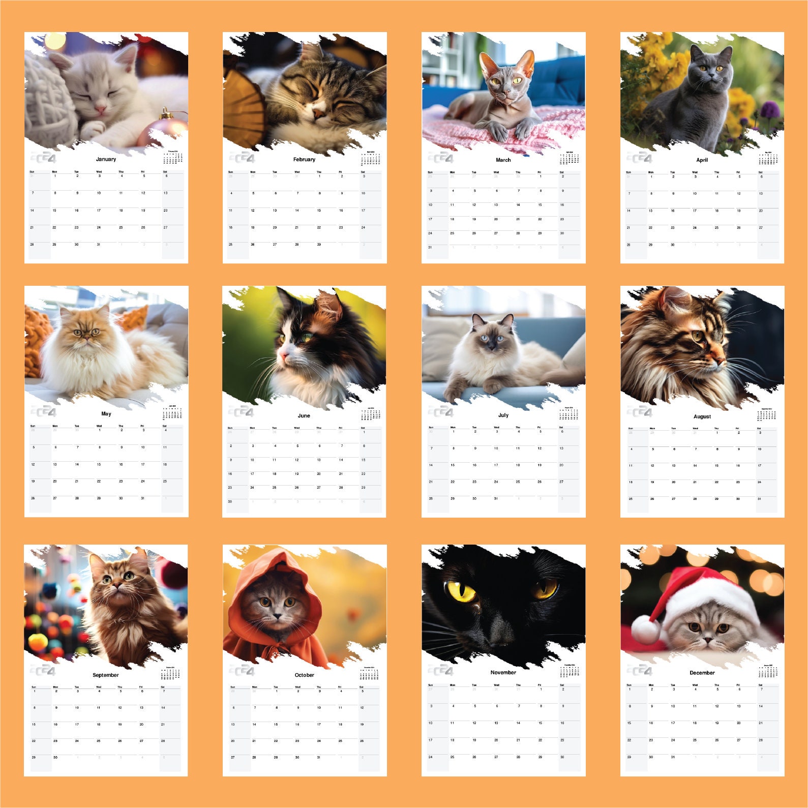 2024 Cats Calendar Printable | A4 Monthly Calendar 2024 With Boxes for ...