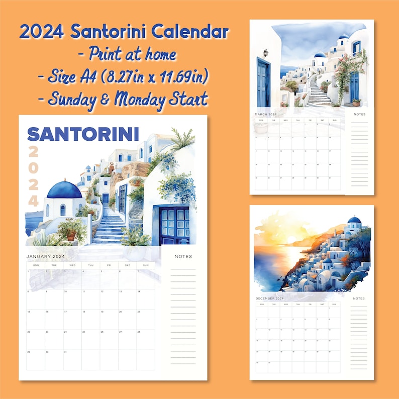 Santorini 2024 Printable Monthly Calendar - A4 Monthly Calendar 2024 ...