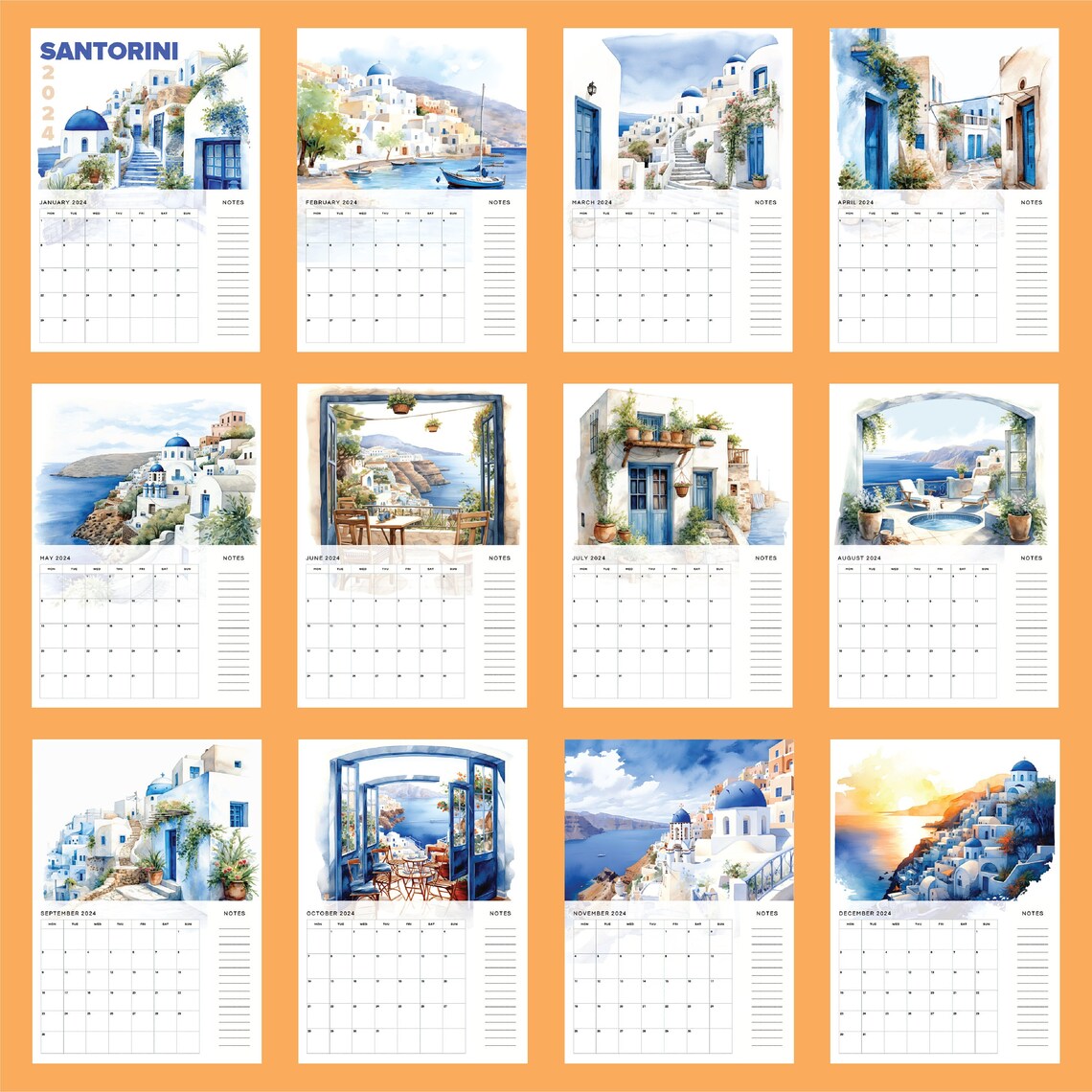 Santorini 2024 Printable Monthly Calendar - A4 Monthly Calendar 2024 ...