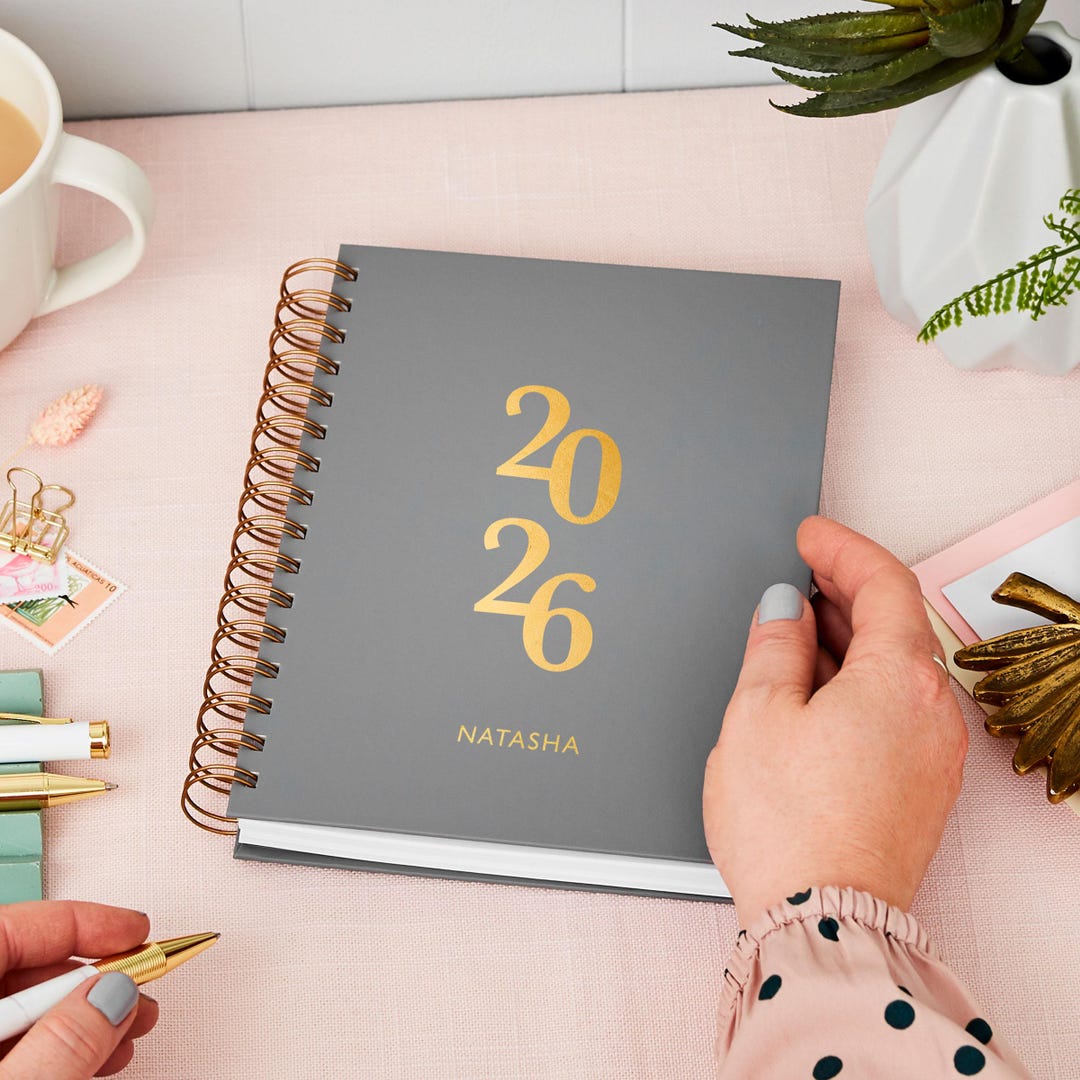 Personalised 2026 Hardback Diary: Weekly Planner, Gold/silver Foil Name ...