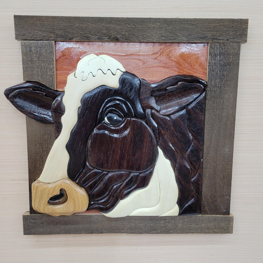Intarsia Holstein Cow Wall Art: Handmade Wood Mosaic - Etsy