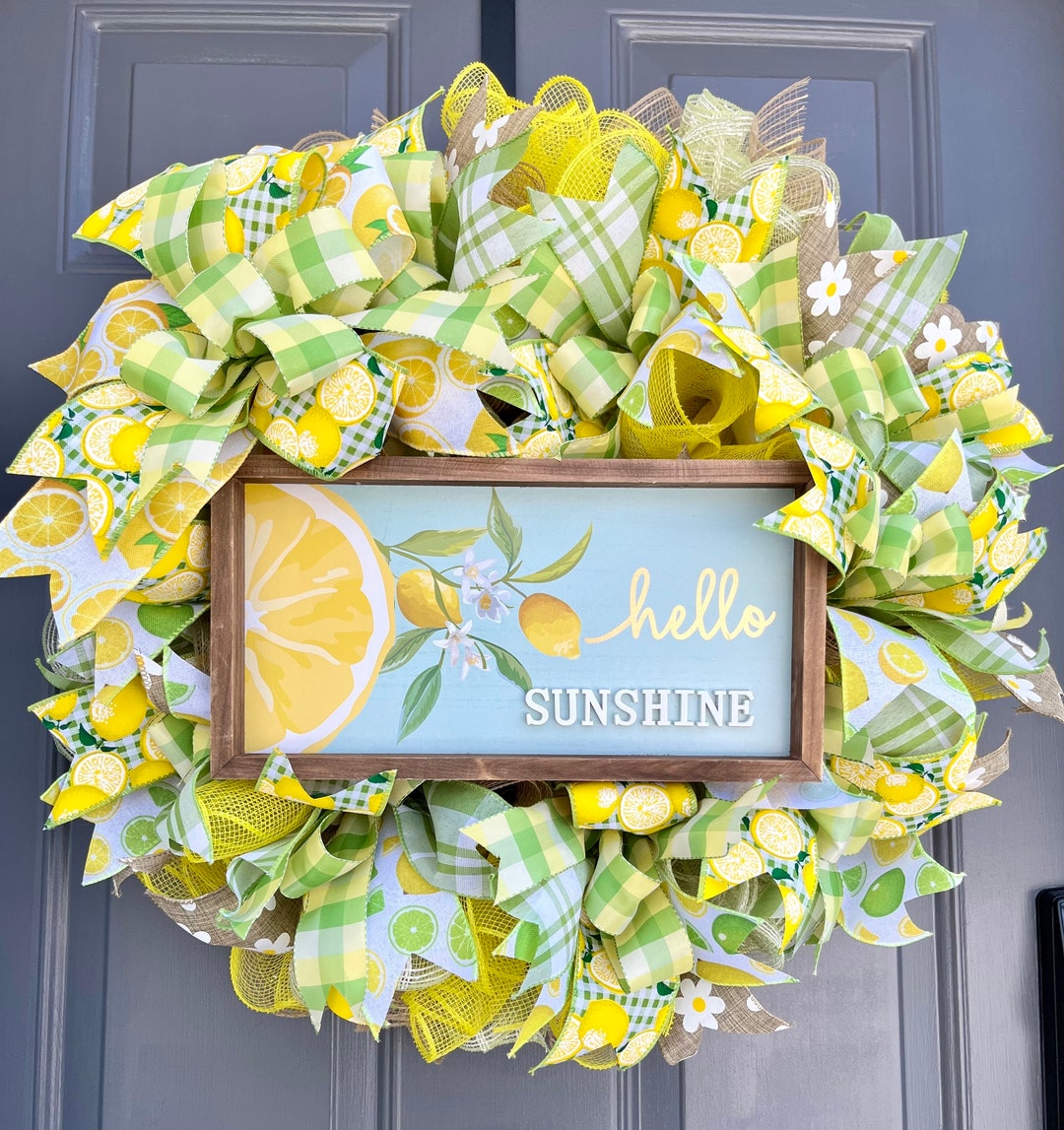 Spring Lemon Deco Mesh and Ribbon Front Door Wreath. Mothers Day Gift ...
