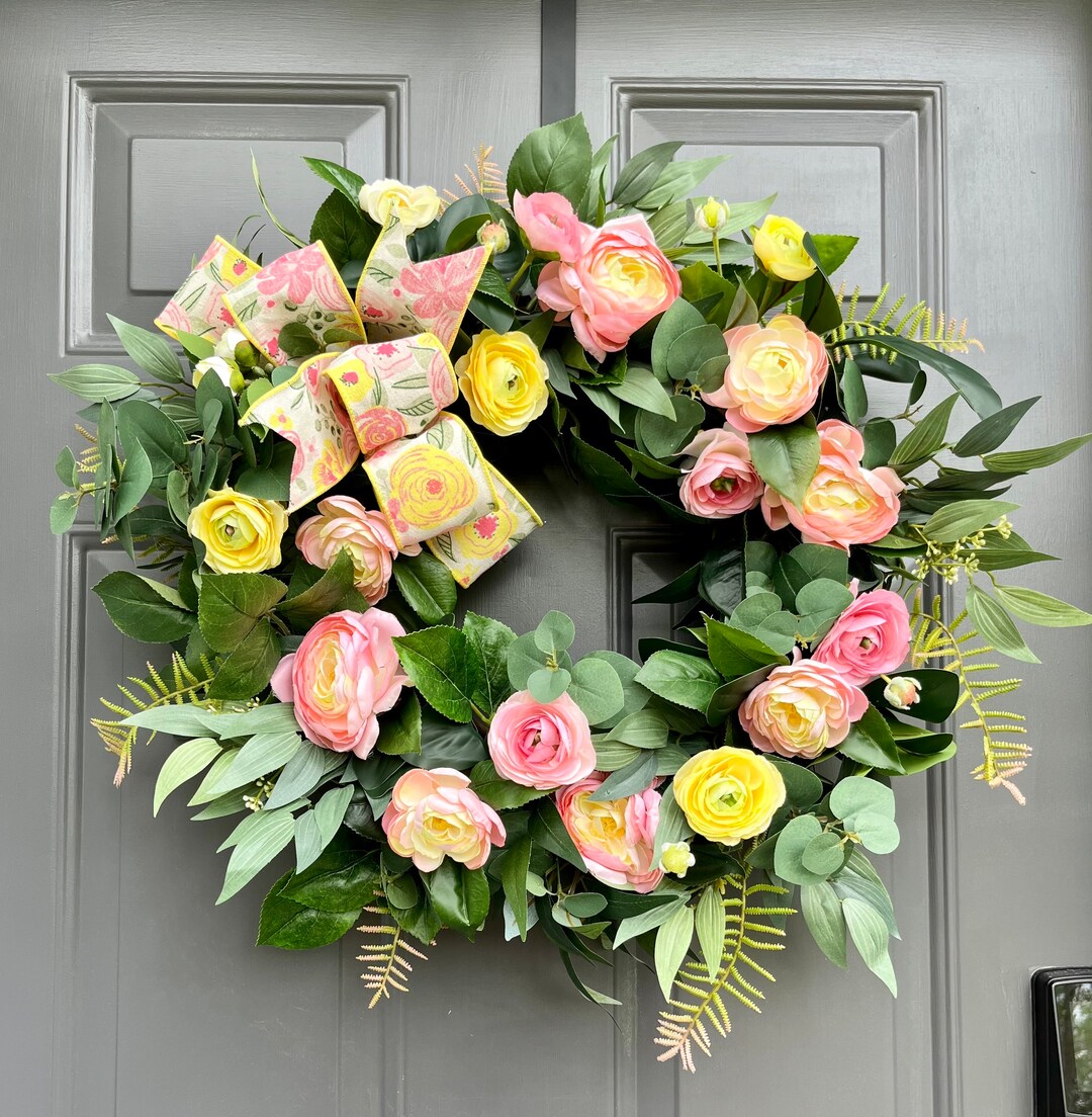 Spring Pink and Yellow Front Door Wreath. Spring Wreath. Summer Wreath ...