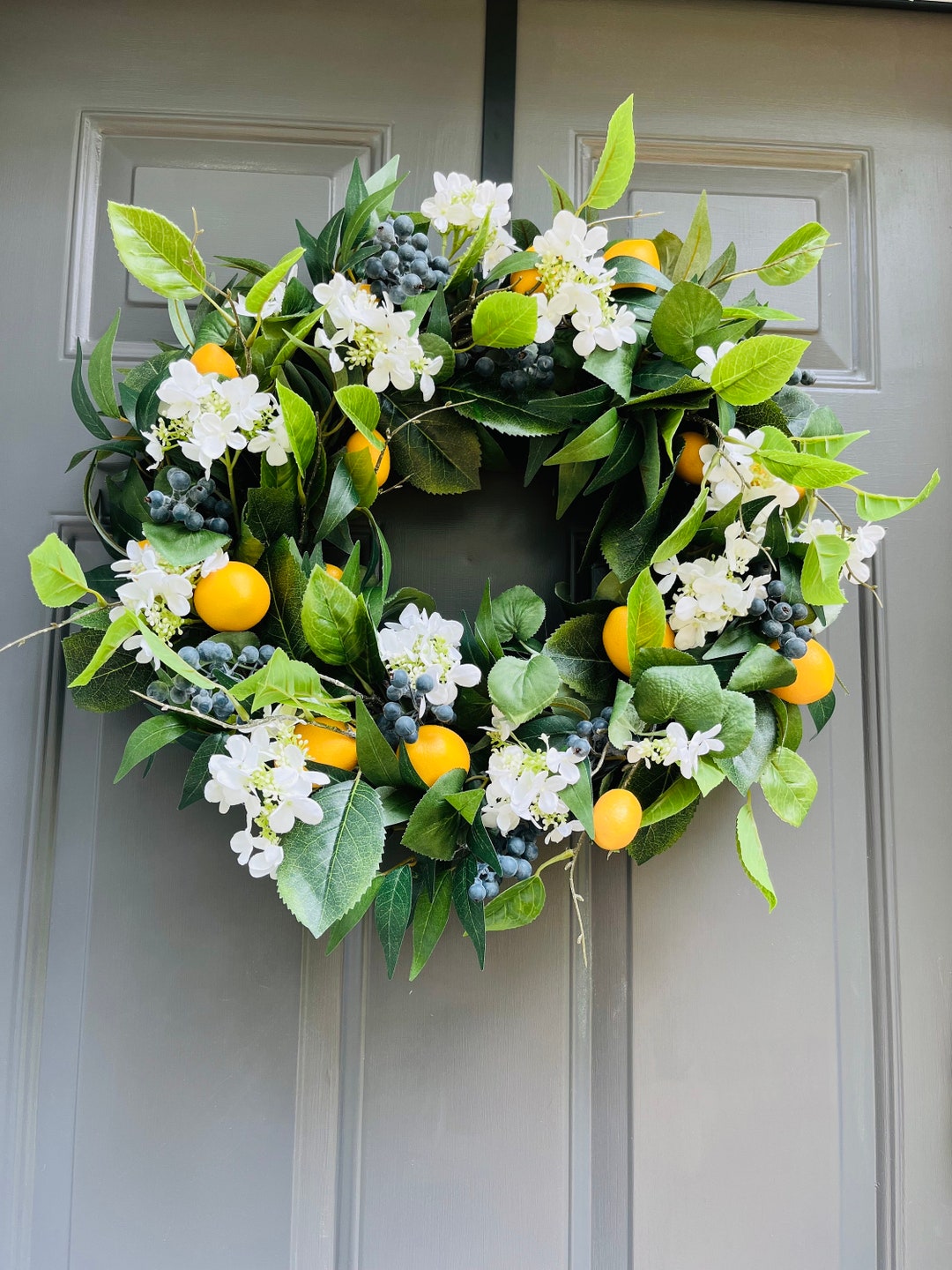 Summer Lemon Front Door Wreath With Blueberries. Farmhouse Wreath ...