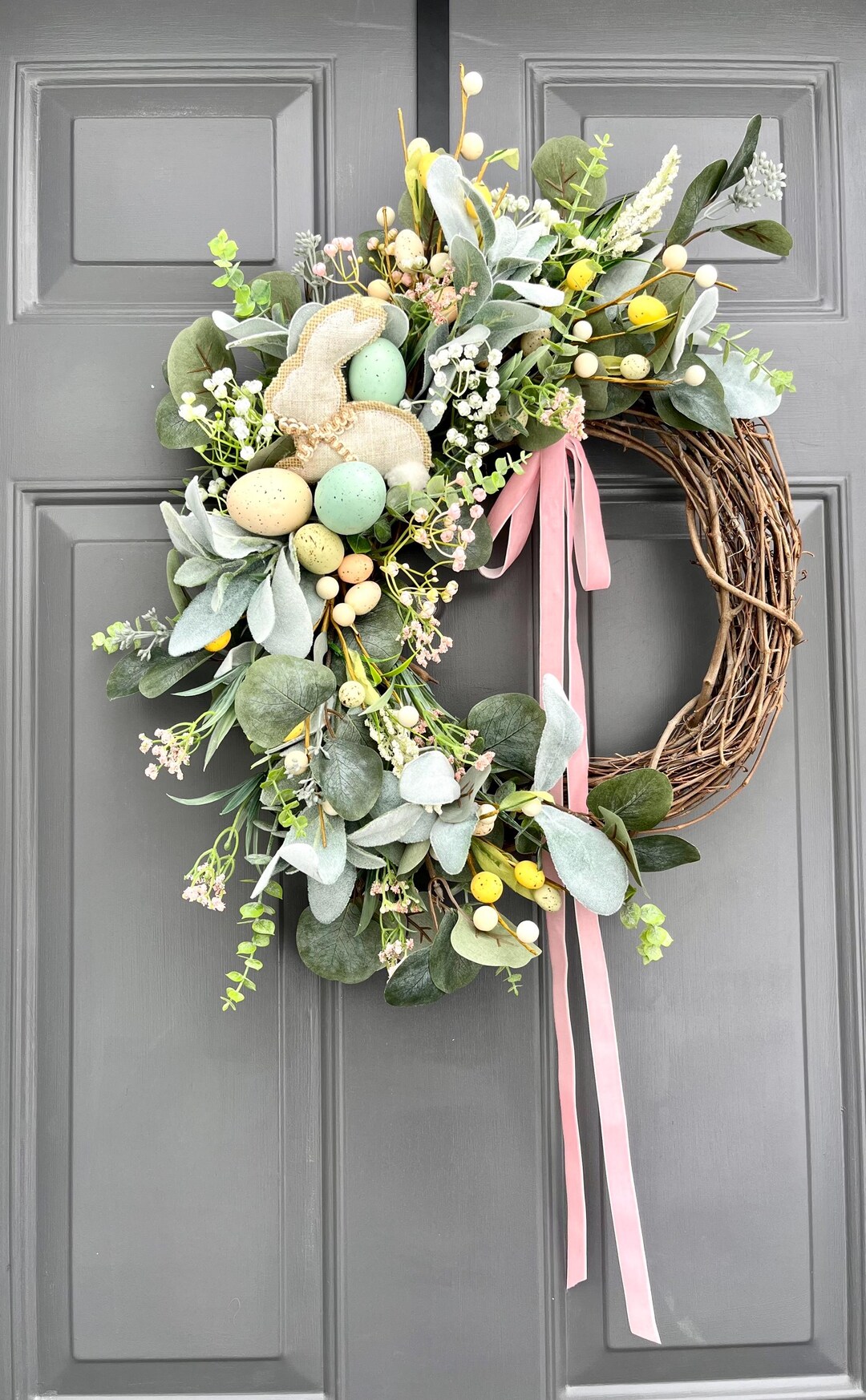 Easter Egg Front Door Wreath With Bunny. Spring Floral Wreath for ...