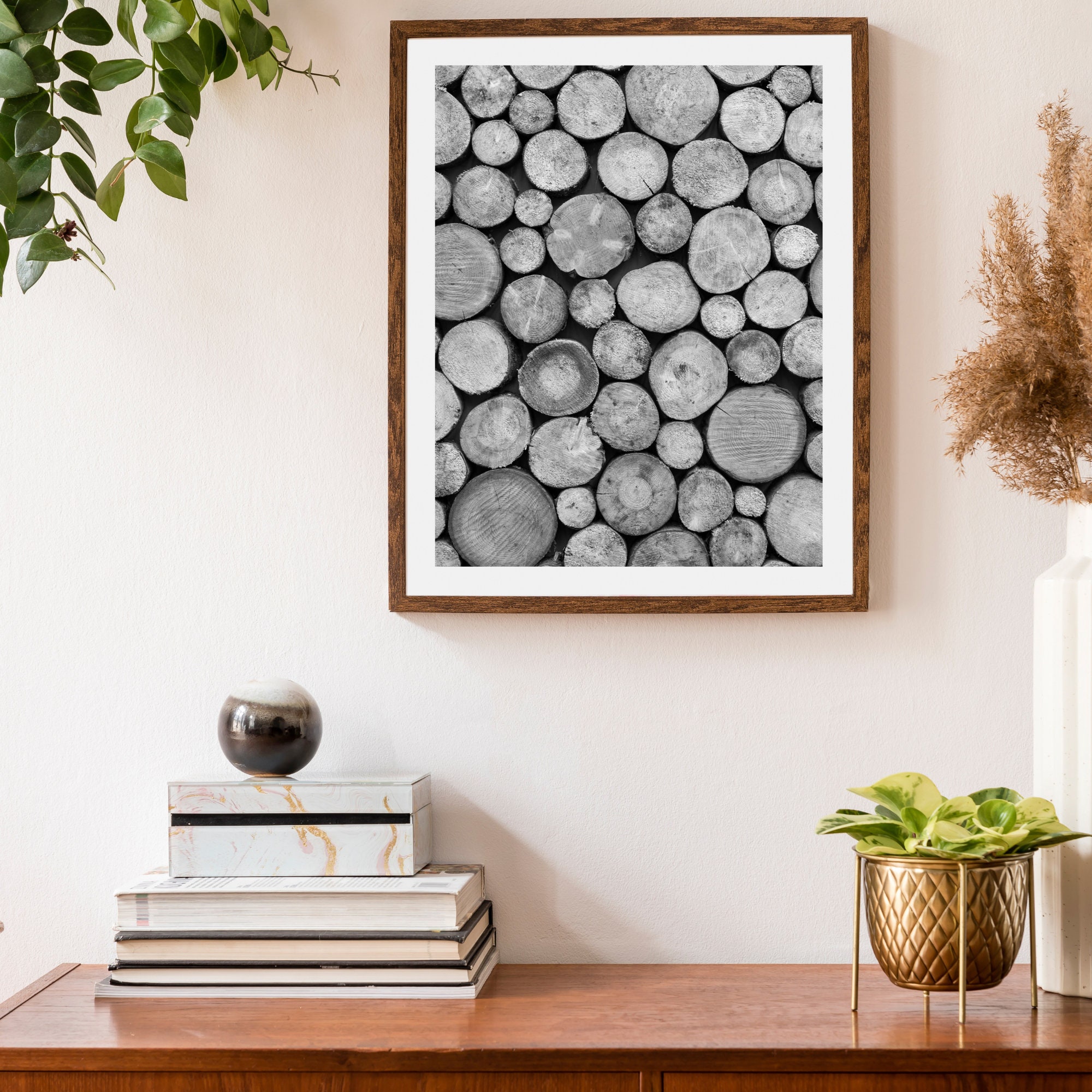 Black and White Log Pile Print, Tree Ring Wood Pile Log Printable ...