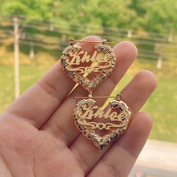 Bamboo Heart Nameplate Earrings - Etsy