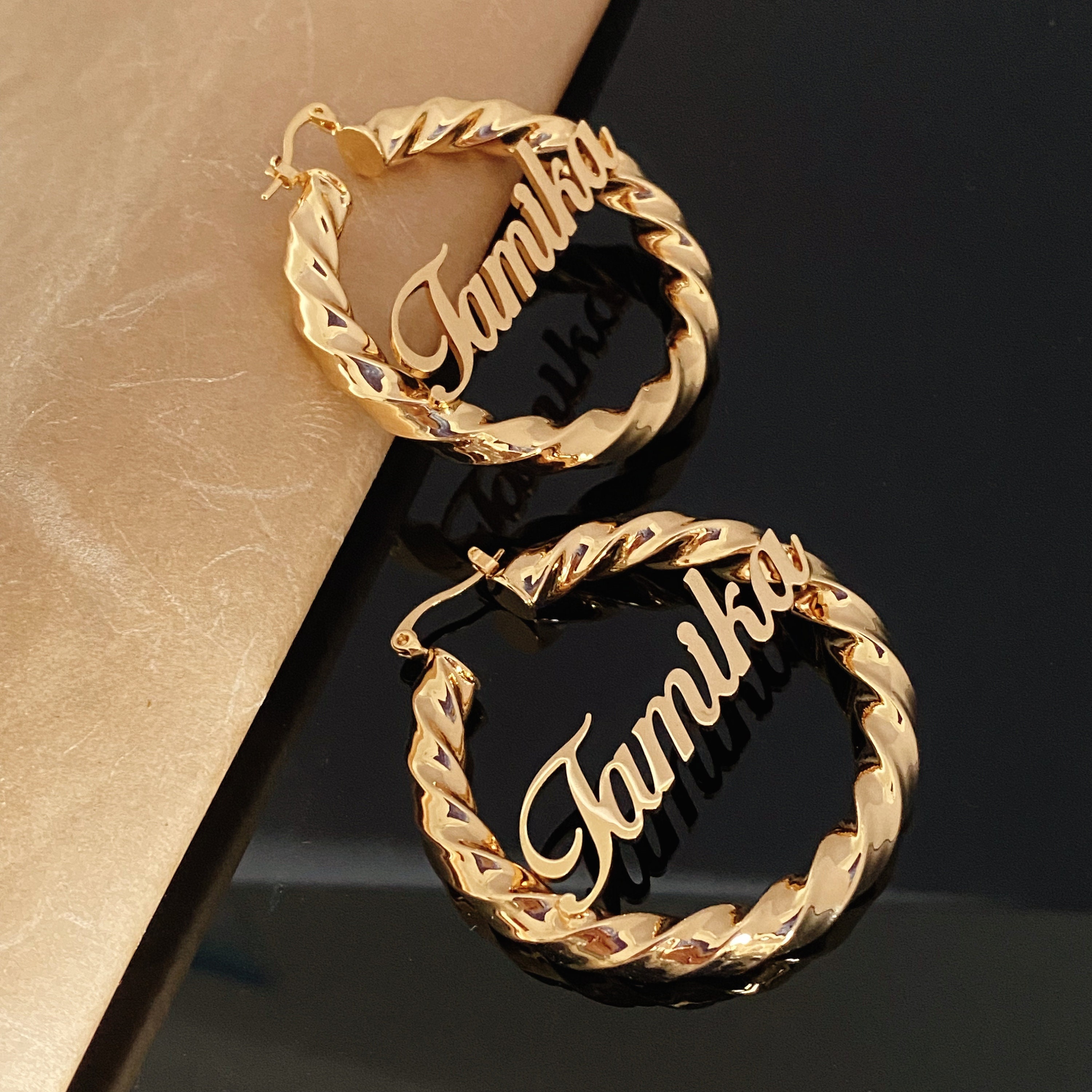 Custom Earrings With Name, Name Twist Hoop Earrings, Bamboo Earrings ...