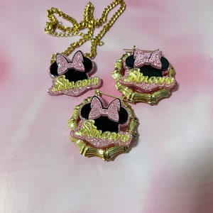 Minnie Mouse Jewelry Set, Custom Bamboo Earrings, Cartoon Name Necklace ...
