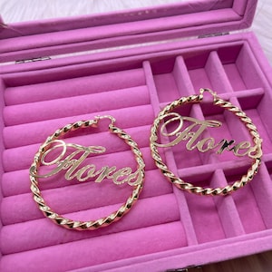 Custom Hoop Earrings Name, Name Twist Hoop Earrings, Gold Name Earrings ...