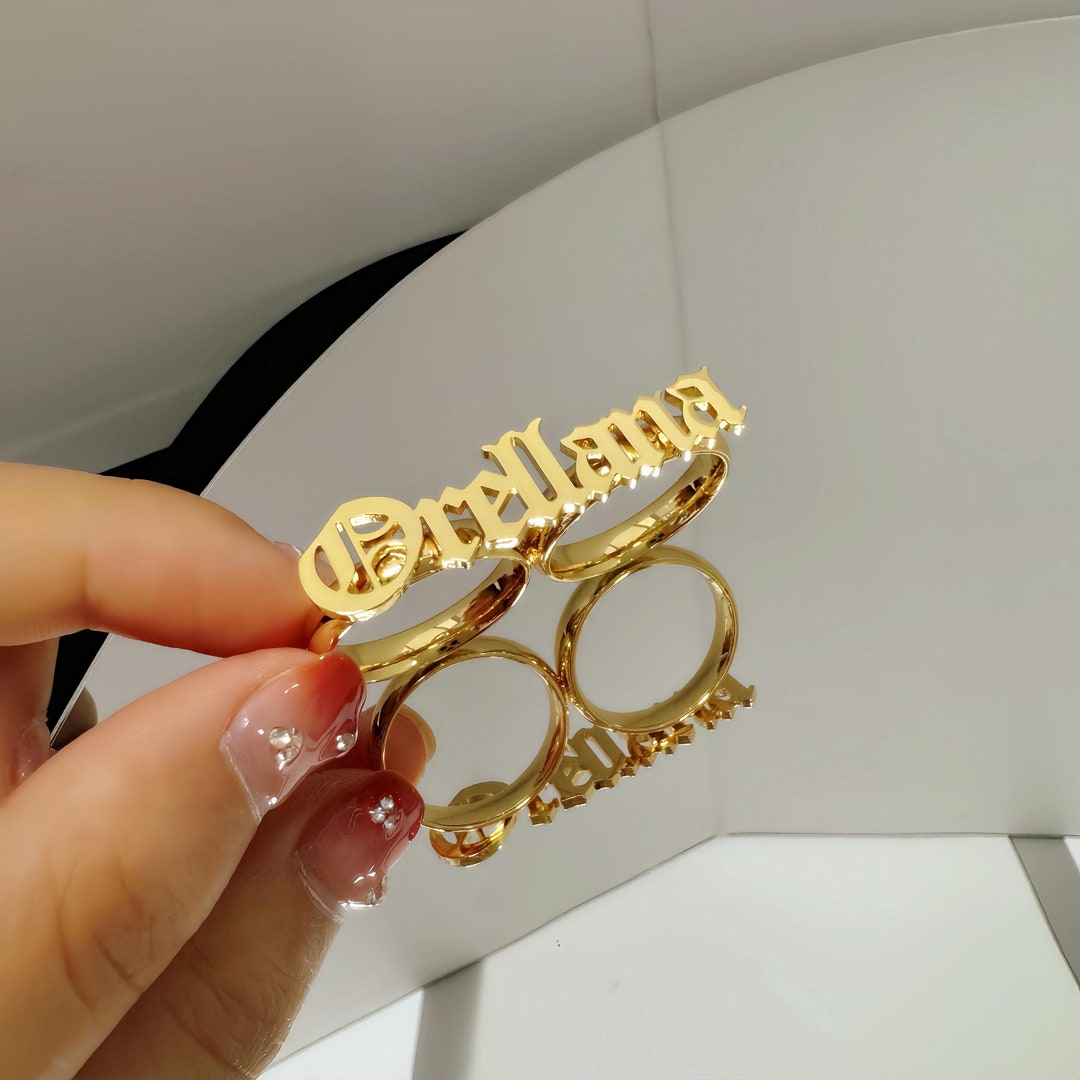 Custom Name Ring, Two Fingers Ring, Personalized Name Ring, Gold ...