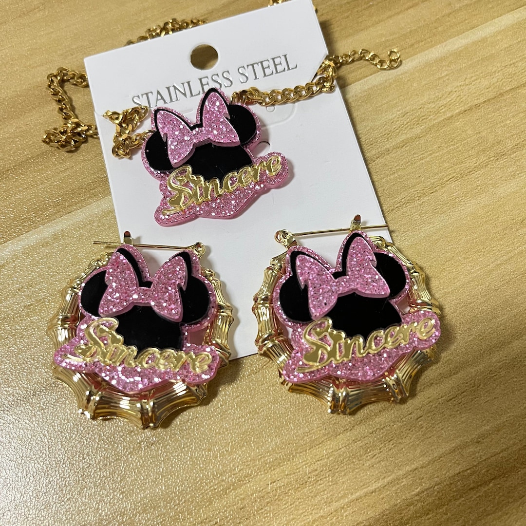 Minnie Mouse Jewelry Set, Custom Bamboo Earrings, Cartoon Name Necklace ...