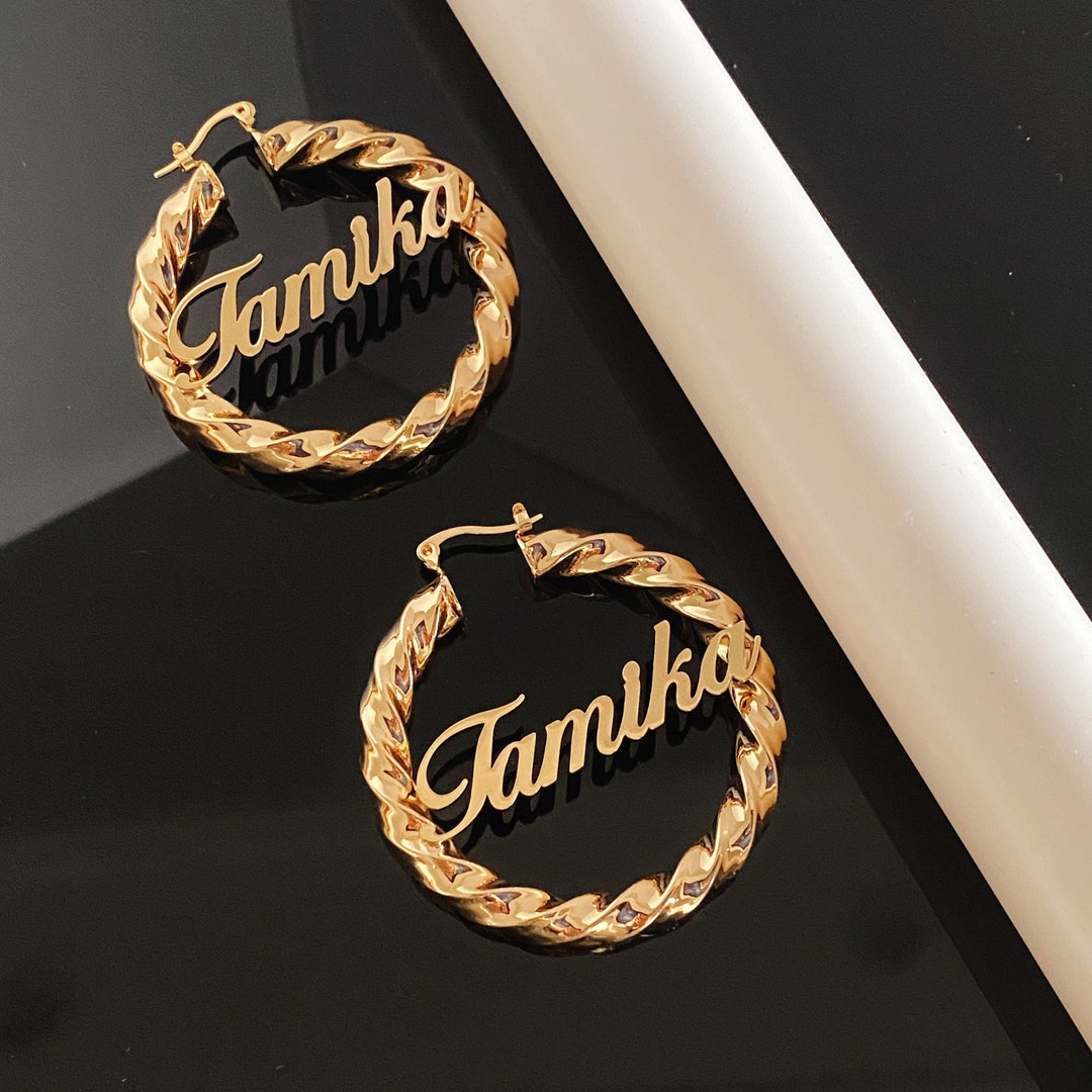 Custom Earrings With Name, Name Twist Hoop Earrings, Bamboo Earrings ...