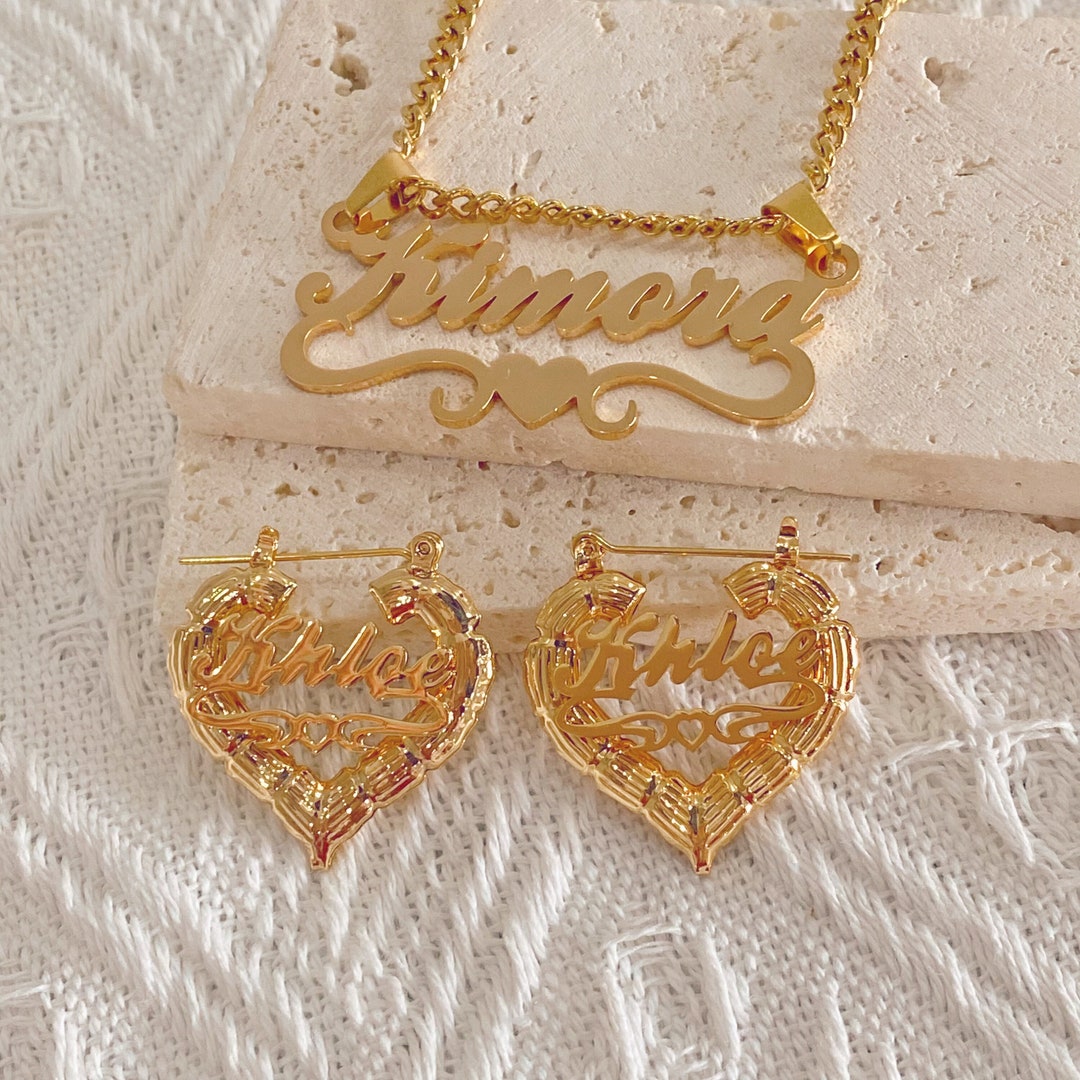 Custom Baby Name Jewelry Set,custom Kids Name Earrings,heart Bamboo ...