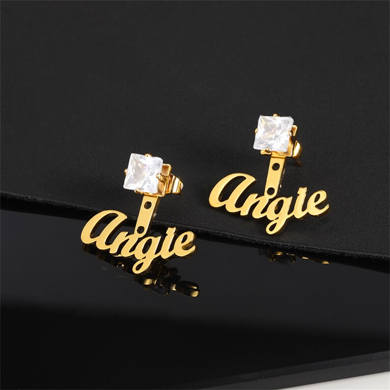 Custom Name Crystal Stud Earrings, Name Earrings Stud, Minimalist Name ...