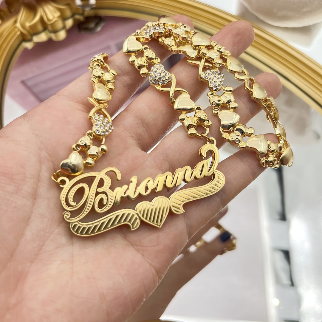 Girls Teddy Bear Chain Custom Name Necklace, Double Plated Name ...