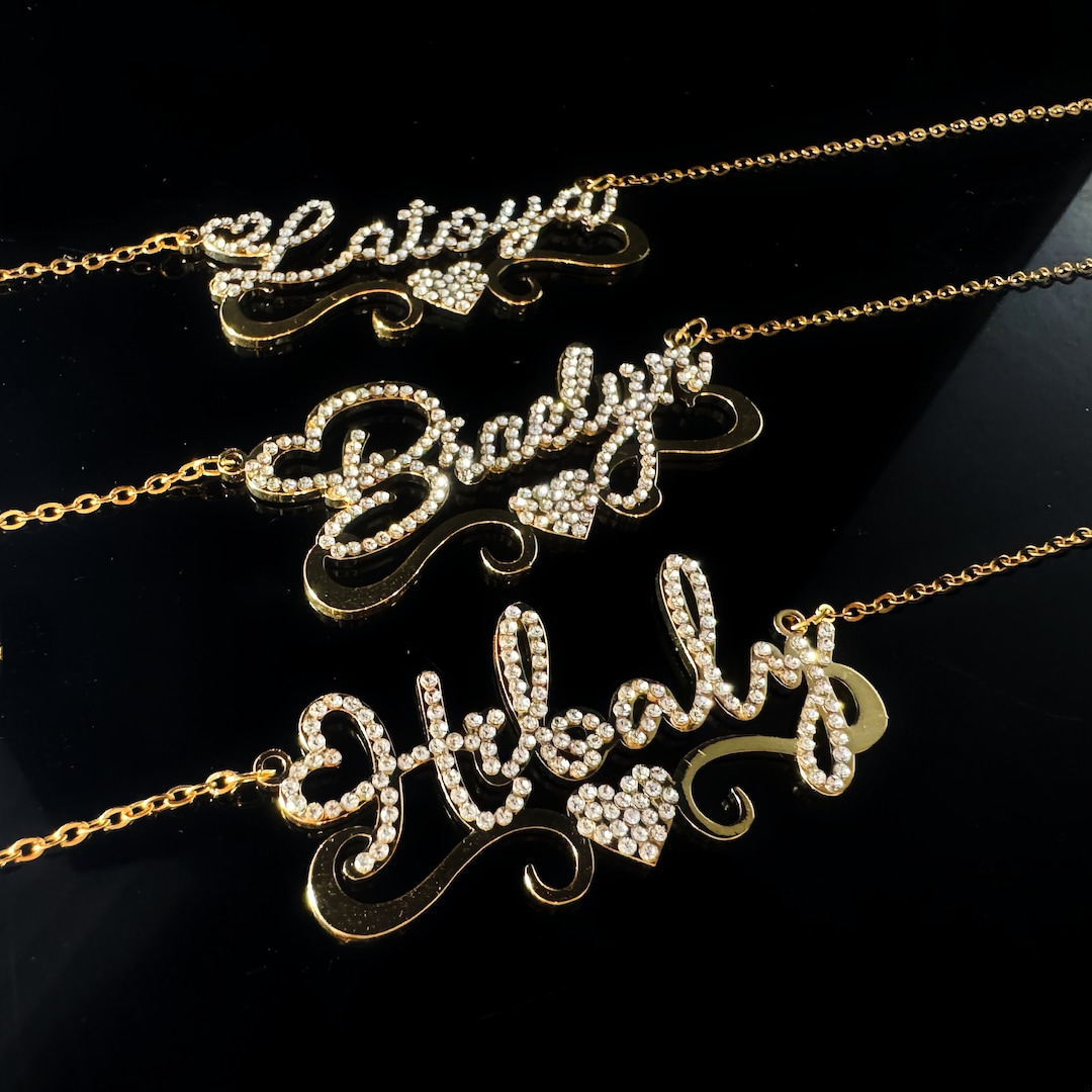 Script Diamond Name Necklace, Custom Diamond Name Necklace, Crystal Name Necklace, Bling Name ...