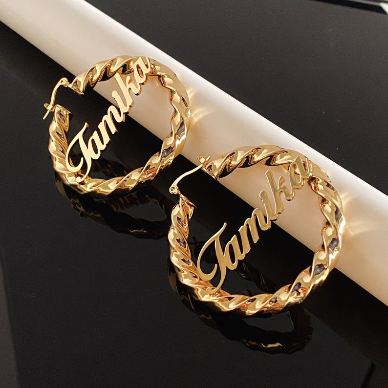 Custom Earrings With Name, Name Twist Hoop Earrings, Bamboo Earrings ...