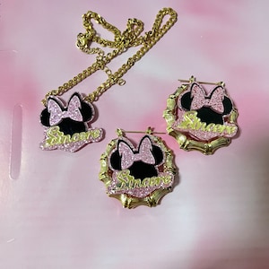 Minnie Mouse Jewelry Set, Custom Bamboo Earrings, Cartoon Name Necklace ...