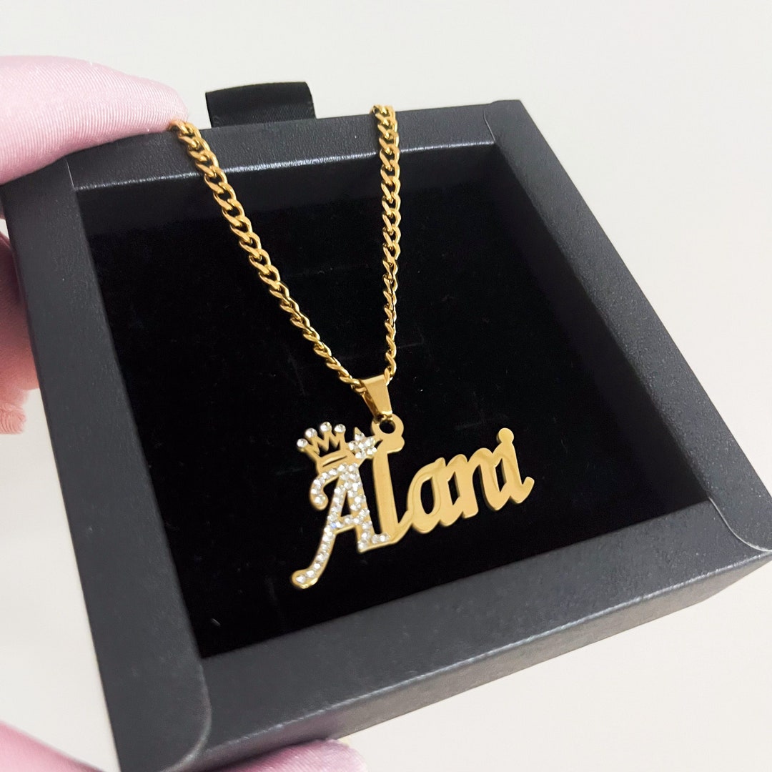 18K Gold Filled Custom Name Pendant Necklace, Diamond Crown Necklace ...