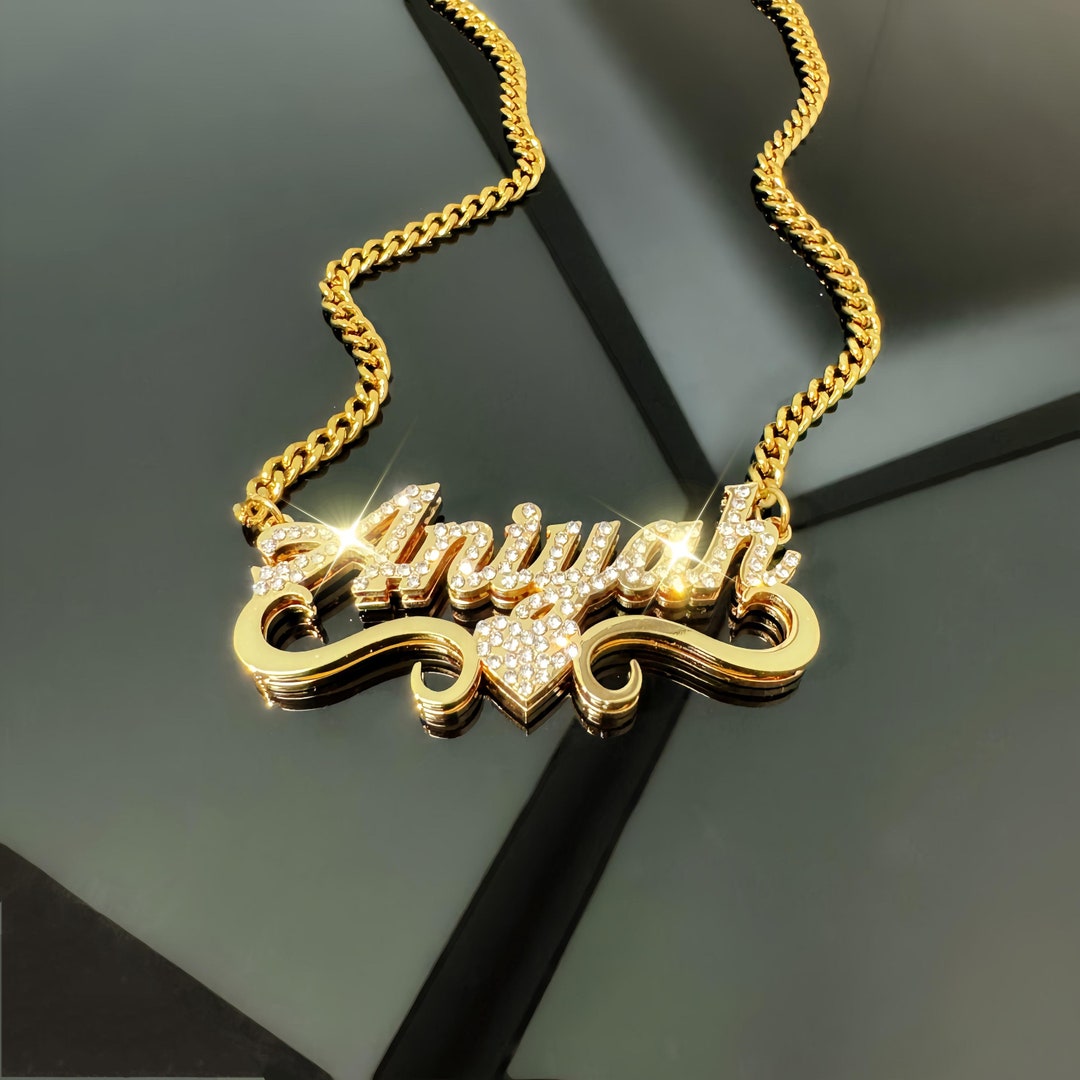 Double Diamond Name Necklace, Custom Name Necklace, Bling Nameplate ...
