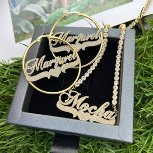 Custom Bling Name Hoop Earrings Necklace Set, Personalized Nameplate ...