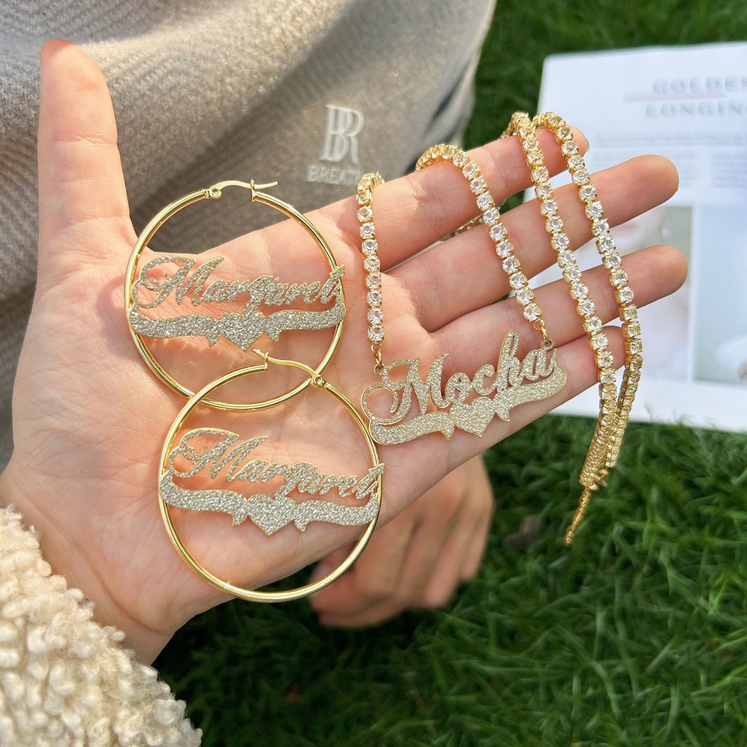 Custom Bling Name Hoop Earrings Necklace Set, Personalized Nameplate ...