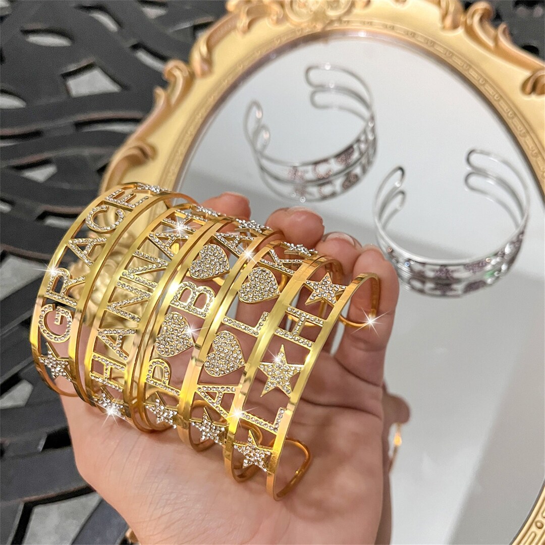 Custom Diamond Name Bangle, Name Bangle Bracelet, Personalized Name ...