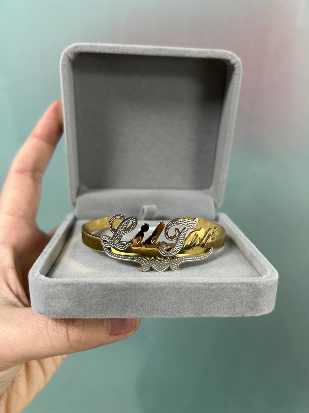 Custom Two Tone Name Bangle, Nameplate Bangle, Gold Silver Name Bangle ...