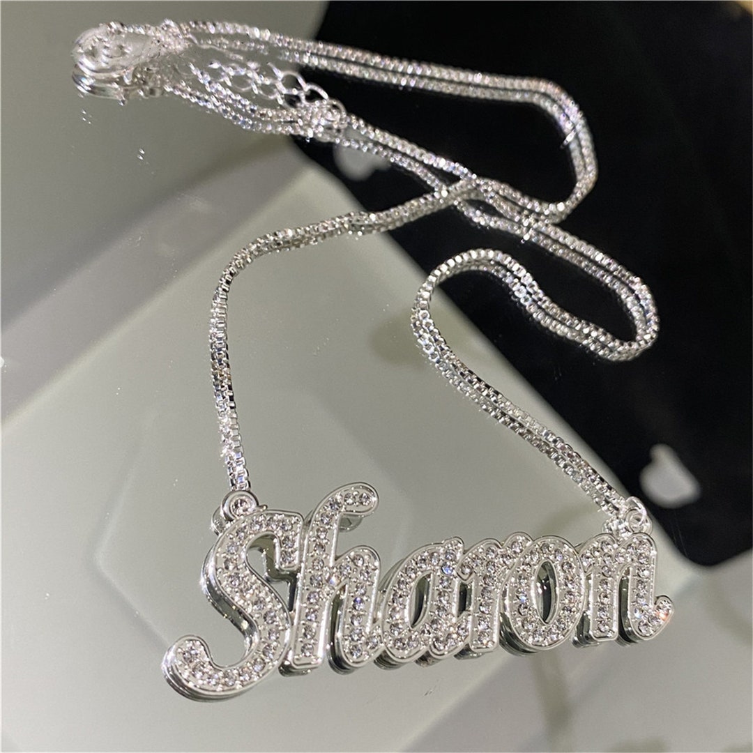 Name Plate, Silver Diamond Name Necklace, Custom Bling Name Necklace ...