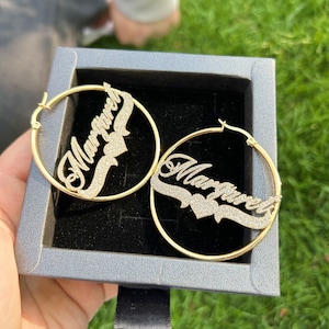 Custom Bling Name Hoop Earrings Necklace Set, Personalized Nameplate ...
