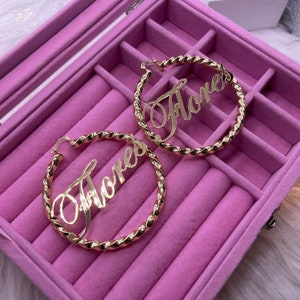 Custom Hoop Earrings Name, Name Twist Hoop Earrings, Gold Name Earrings, Custom Name Hoops ...