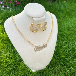 Kids Bamboo Earrings Bling Name Necklace Set, Custom Name Earrings ...