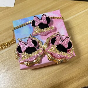 Minnie Mouse Jewelry Set, Custom Bamboo Earrings, Cartoon Name Necklace ...