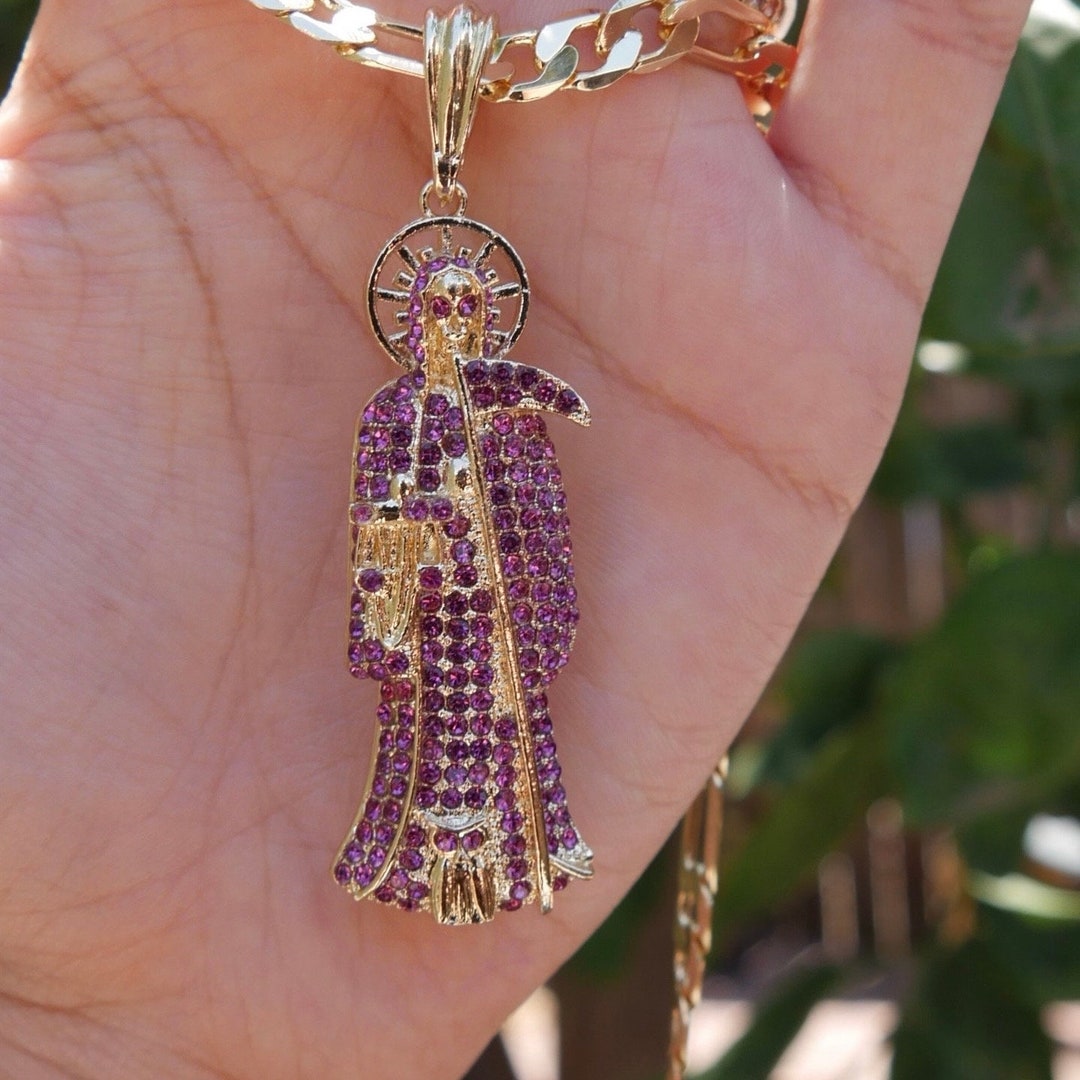 Santa Muerte Pendant: Color-changing Purple Robe, 14k Gold Plated Chain ...