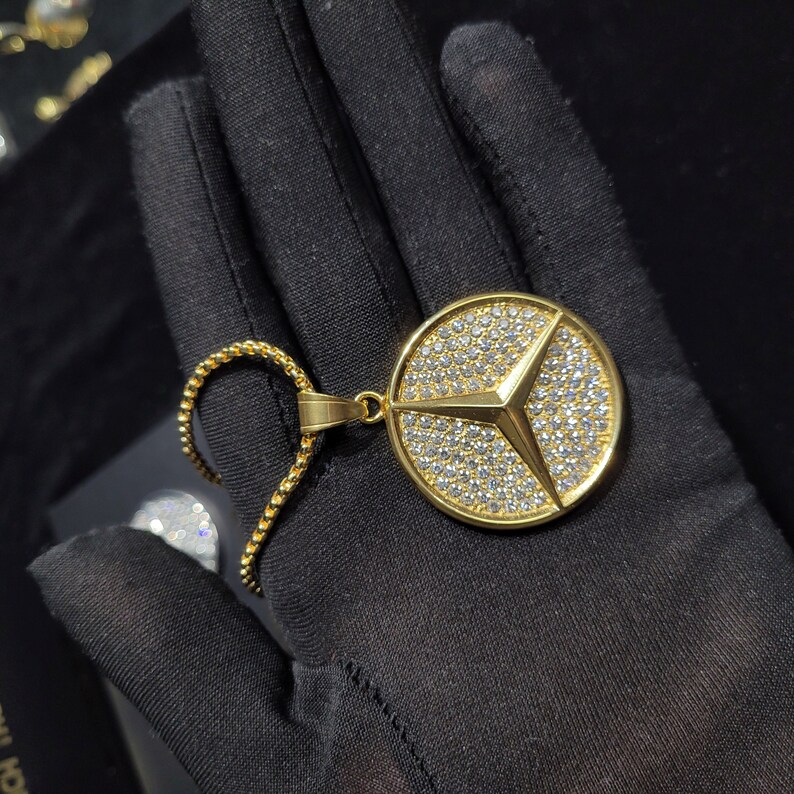Iced Out Cubic Zirconia Bling Mercedes Benz Symbol Pendant Necklace ...
