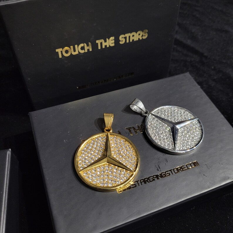 Iced Out Cubic Zirconia Bling Mercedes Benz Symbol Pendant Necklace ...
