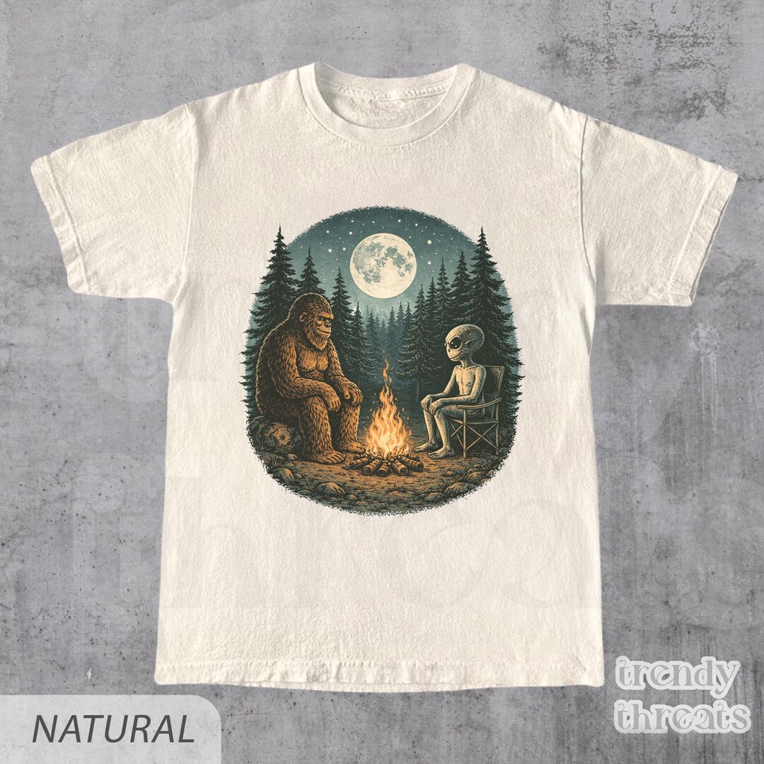Bigfoot and Alien Campfire T-shirt, Cryptid Alien Outdoor Tee, Mystical ...