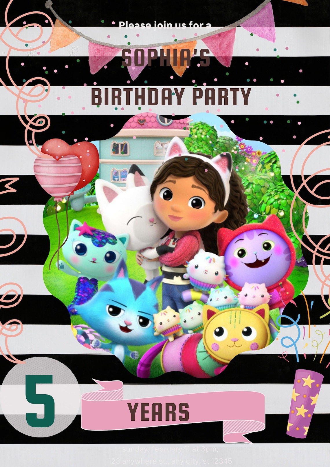 Plantilla de invitación de cumpleaños de Gabby Dollhouse, invitaciones ...