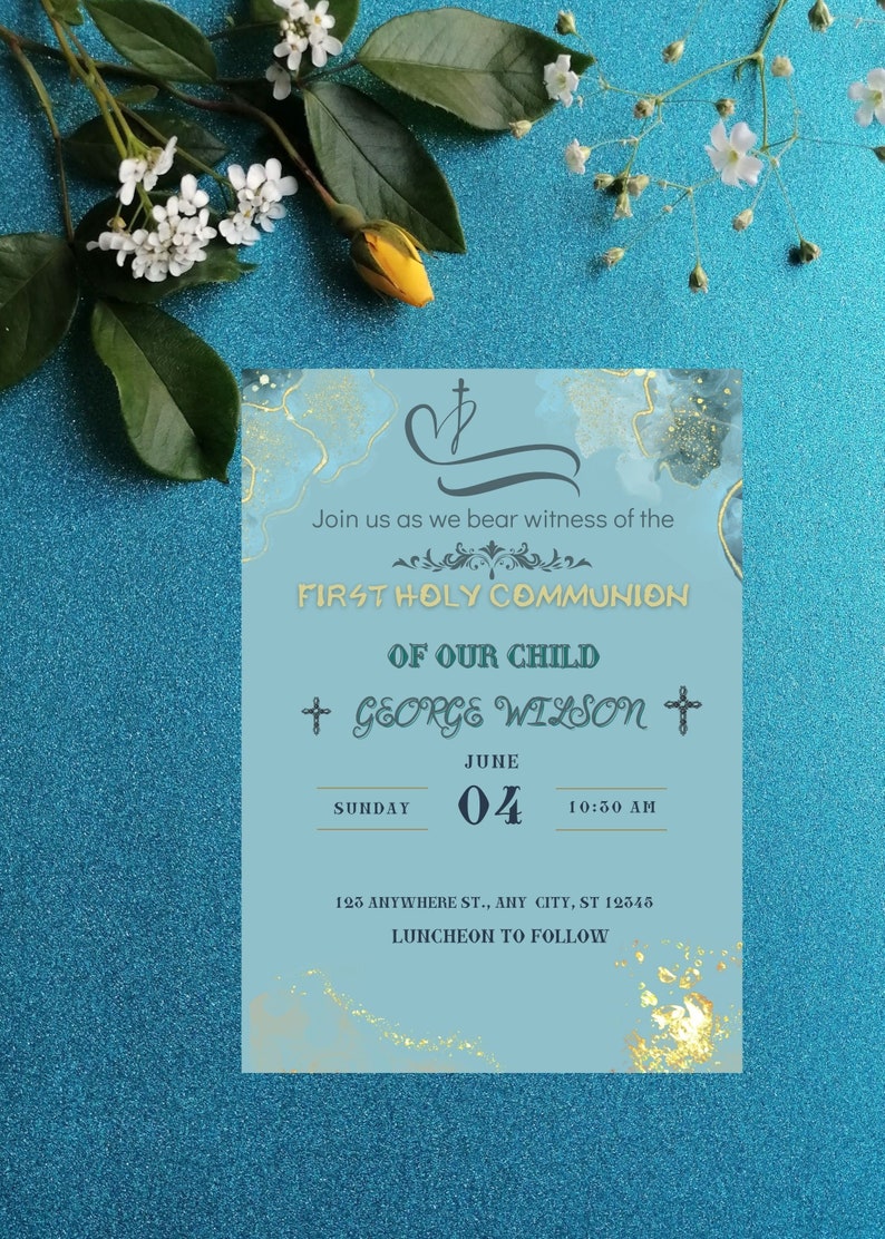 First Holy Communion Invitation Template, Blue Watercolor Communion ...