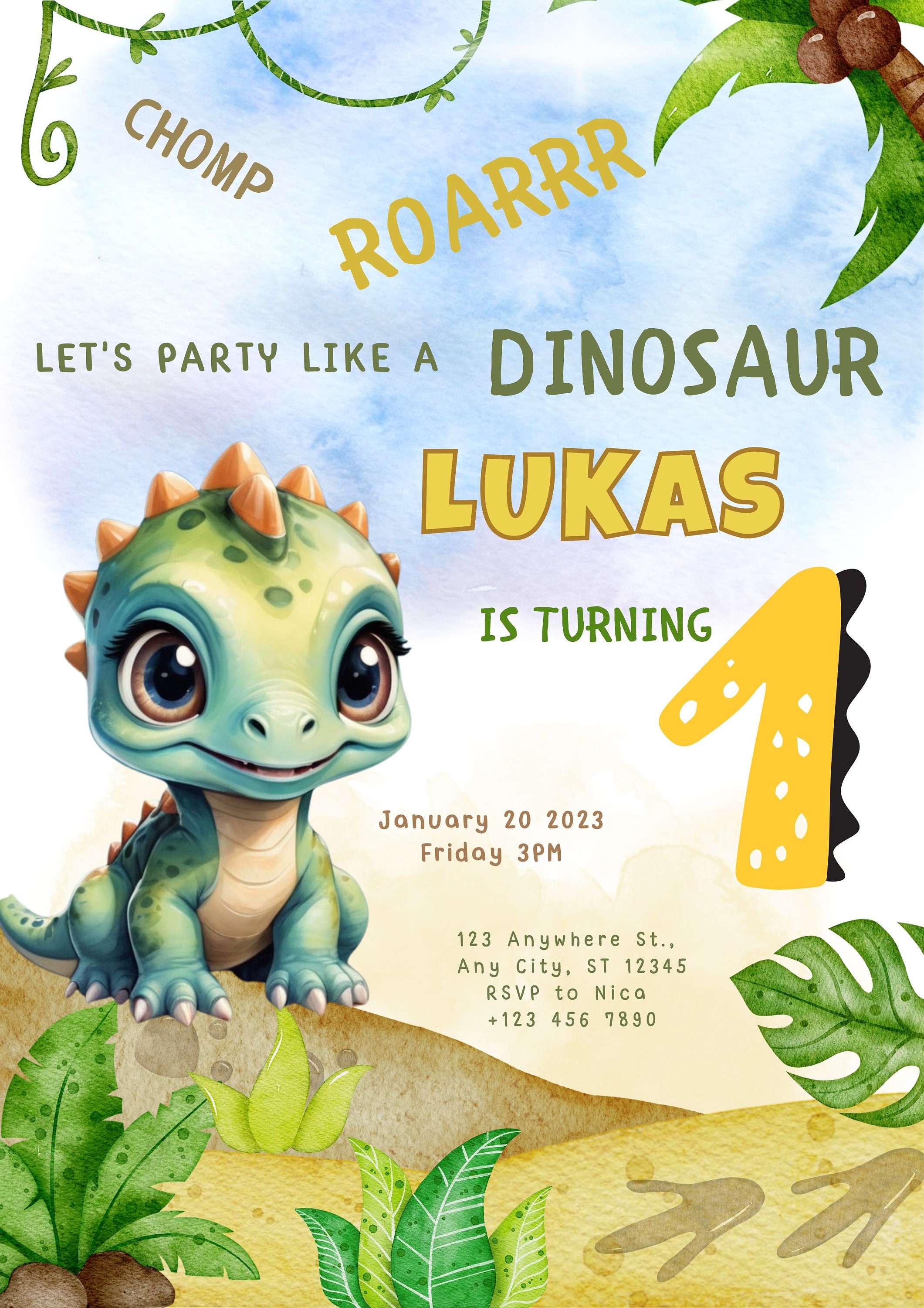 Dinosaur Birthday Invitation Template, Dino First Birthday, 1st ...