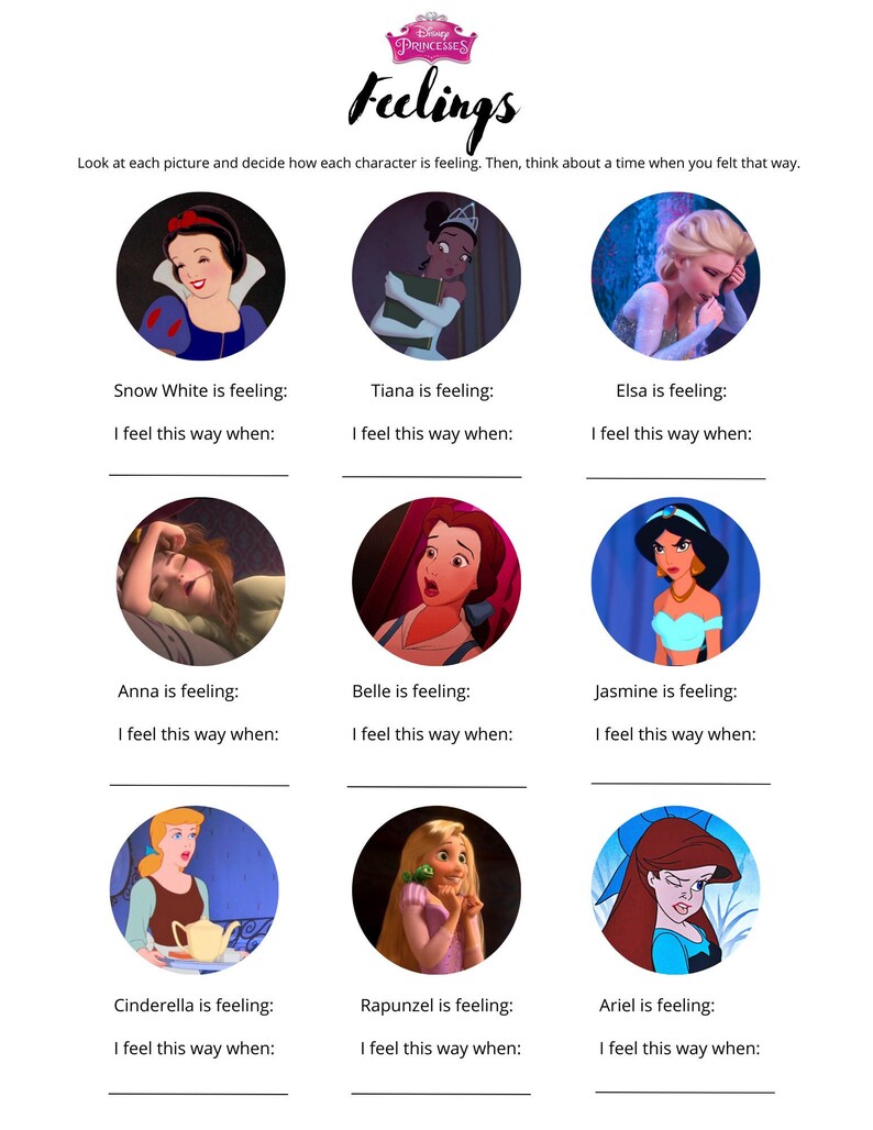 Identifying Feelings Therapy Worksheet princess Edition - Etsy